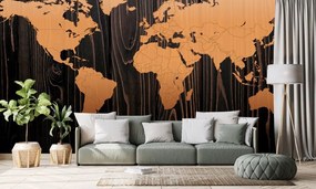 Samolepící tapeta oranžová mapa na dřevě - 225x150 cm