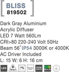 NV 819502 Venkovní nástěnné svítidlo BLISS tmavě šedý hliník akrylový difuzor LED 7W 3000K 220-240V 56st. IP54 vč. driveru - NOVA LUCE