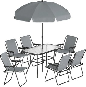 Sada zahradního nábytku sedací souprava 119 x 68 cm skleněný stůl se 6 skládacími židlemi slunečník vzor vodní vlna šedá
