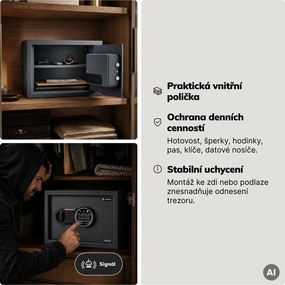 Malý domácí trezor, elektronický zámek na kód, na peníze a dokumenty, 350x250x250 mm: DORIAN