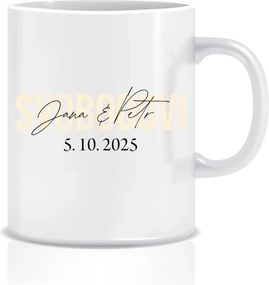Personalizovaný klasický bílý keramický hrníček 300 ml se jmény novomanželů