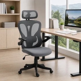 HOMCOM ergonomická kancelářská židle, 3D sklápěcí područky, 2D opěrka hlavy, věšák na oblečení, síťovina, tmavě šedá