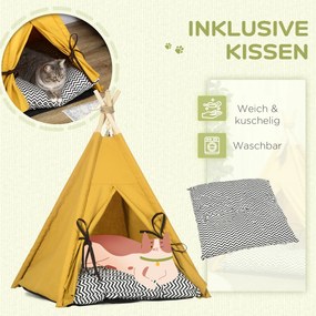 PawHut Tipi Stan pro Domácí Zvířata, Stan pro Kočky s Vyměnitelným a Pratelným Polštářem, Kočičí Dům s Protiskluzovým Spodkem, Hračková Kulička, pro …