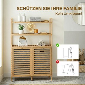 HOMCOM bambusová skříňka do koupelny s koši na prádlo – 3patrové úložiště se 2 odnímatelnými látkovými koši, 80 × 30 × 118 cm, dub