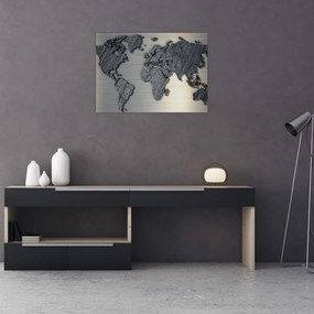 Skleněný obraz - Mapa světa v kovovém designu (70x50 cm)