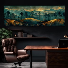 Obraz na plátně - Tmavé stromy ve zlatavých kopcích FeelHappy.cz Velikost obrazu: 120 x 40 cm