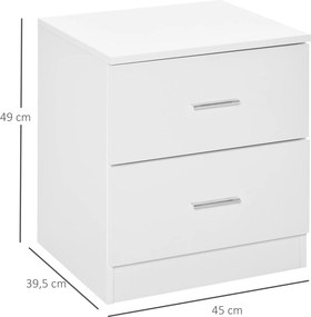 HOMCOM Moderní Noční Stolek s 2 Zásuvkami, Stolek do Obývacího Pokoje a Ložnice, Nosnost 30 kg, 45x39,5x49 cm, Bílý