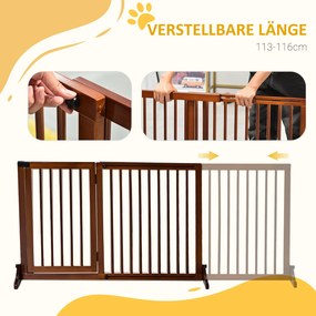 PawHut zábrana Volně stojící bezpečnostní brána pro psy s dvířky, dřevěná bezpečnostní brána, hnědá, 113-166x36x71cm| Aosom