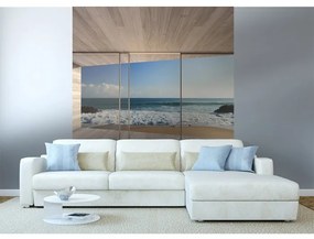 DIMEX | Vliesová fototapeta na zeď Okno na pláž MS-3-0042 | 225 x 250 cm | béžová, modrá, bílá