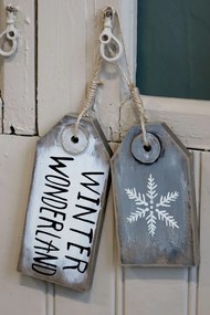 Bílá a šedá antik vánoční ozdoba cedulka Winter - 9*1,5*20 / 9*1,5*16 cm