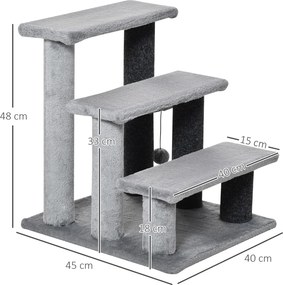 PawHut schodiště pro kočky schodiště pro psy schody pro psy 3 stupně s hracím míčem plyšové šedé 45x40x48cm pro kočky a psy | Aosom.de