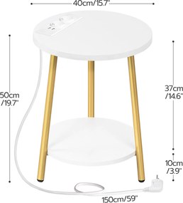 Kulatý odkládací stolek Vasagle Luretta 40 cm s nabíjecí stanicí bílý/zlatý