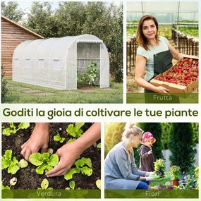 Zahradní tunelová skleník Outsunny s 8 okny a rolovacími dveřmi, kovový rám a polyethylenový kryt, 5x2x2m, bílý