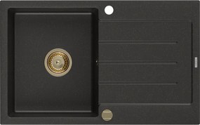 Mexen Bruno, granitový dřez 795x495x200 mm, 1-komorový, černá se zlatou metalízou a zlatým sifonem, 6513791010-75-G