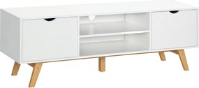 HOMCOM Moderní TV Stolek pro Televize do 65 palců s 2 Dveřmi, 2 Otevřenými Policemi a Dřevěnými Nohami 150x39x50 cm Bílý | Aosom