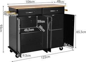 Costway Rolling Kitchen Island vozík s kaučukovou pracovní deskou 4 – černý