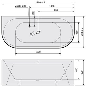 Polysan VIVA D MONOLITH akrylátová vana 170x75x60cm, bílá/černá,  89119MB