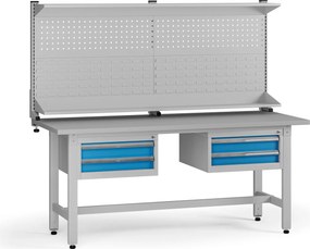 Výškově nastavitelný dílenský stůl G5 s nástavbou, 1800 x 750 x 800-1000 mm, 2x kontejner, 4 zásuvky, modrá