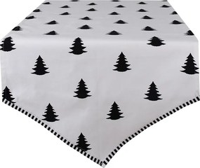 Bílý bavlněný běhoun na stůl se stromky Black&White X-Mas - 50*160 cm