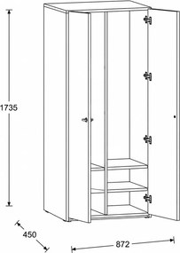 Šatní skříň FRAME, 2 oddíly, 872 x 450 x 1735 mm, PUSH-lock, dub přírodní