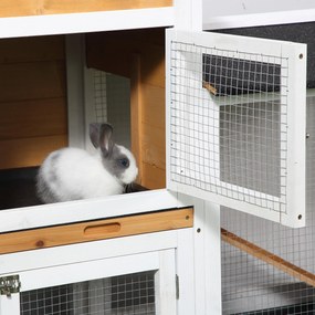 PawHut Dvoupodlažní venkovní králíčí kotec s asfaltovou střechou, 2 kovové výběhy, odnímatelný tác, 2 dveře a rampa 157,4x53x93,5 cm Přírodní