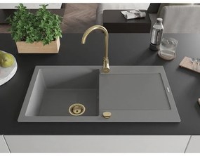 Mexen Leo, dřez granitový 900x500x190 mm, 1-komorový a zlatá baterie Telma, šedá, 6501-71-670200-50