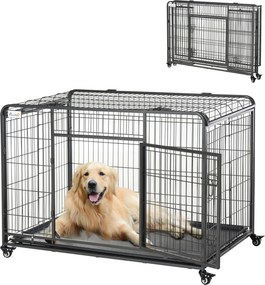 PawHut Skládací Kovová Klec pro Velké Psy 125x76x81 cm s Kolečky a Brzdami, Odnímatelný Tácek a Dveře s Zámky pro Golden Retriever a Labradory Tmavě Š