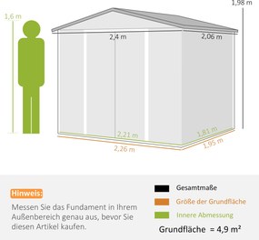 Outsunny Zahradní Kůlna 4,4 m², Zahradní Dům s Pultovou Střechou, Posuvné Dveře, Základna, Snadná Montáž 240 x 206 x 198 cm, Kůlna z Pozinkované Ocel…