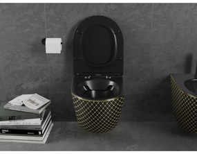 Mexen Lena WC mísa Rimless s pomalu padající deskou slim, duroplast, Černá/Zlatá vzor káro - 30224079