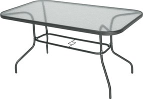 Outsunny Obdélníkový Zahradní Stůl s Zakřivenými Kovovými Okraji a Otvorem pro Slunečník, Temperované Sklo 70kg Kapacita 140x80x70 cm Tmavě Šedá | Aos