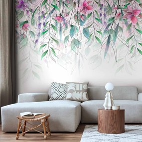 Fototapeta Akvarelová louka - růžové květiny a jemné listy na bílém pozadí