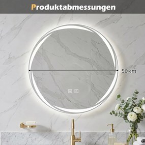 Costway Koupelnové zrcadlo s osvětlením 50 cm Kulaté LED koupelnové zrcadlo
