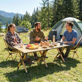 Kempingový stůl 117 x 60 cm Hliníkový skládací stůl s rolovací deskou vzhled dřeva Přepravní taška vodotěsná