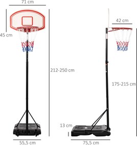 HOMCOM Venkovní basketbalový koš, nastavitelná výška 175-215 cm s kolečky, vnitřní basketbalový koš s podstavcem 71 x 45 cm, dárek pro teenagery