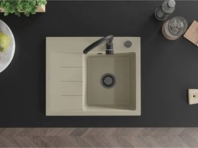 Mexen Ben, 1-komorový granitový dřez 600x500x190 mm, pravý + černý sifon, béžová, 6523605000-69-B