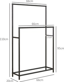 HOMCOM Věšák na ručníky, volně stojící věšák se 2 držáky na ručníky, věšák na ručníky do koupelny, kov, 66 x 20 x 110 cm, černý | Aosom