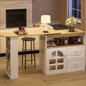 Aosom 360° otočný skříňový sideboard, se 2 zásuvkami, regálem na občerstvení, obloukovým sklem, 138-204 x 39 x 104 cm, bílá