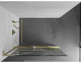 Mexen Kioto+ L, sprchová zástěna Walk-In s poličkou a věšákem 90 x 200 cm, 8mm čiré sklo bílý vzor, ​​zlatý matný profil, 800-090-123-55-97