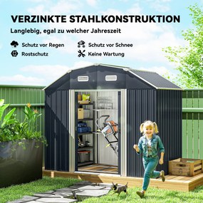 Outsunny kůlna na nářadí ocelová kůlna na nářadí 2,7m² ochrana před UV zářením zahradní kůlna 2 posuvné dveře policový základ tmavě šedá 238x132x198,…