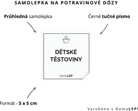 DĚTSKÉ TĚSTOVINY - omyvatelná samolepka na dózu, výběr rozměrů Ø 5 cm / 5 x 5 cm / 6 x 8 cm | DomaLEP tvar: KOLEČKO, barva: PRŮHLEDNÁ - ČERNÉ písmo, velikost: Ø 5 cm - tučné písmo