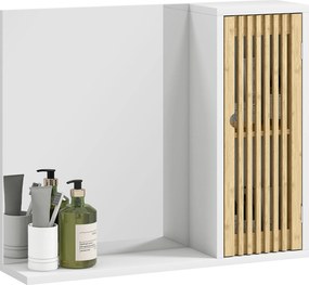 HOMCOM Koupelnová skříňka se zrcadlem, Koupelnové zrcadlo se policí, Dveře z bambusových latěk a nastavitelná police, 60 x 14 x 50 cm, Bílá | Aosom
