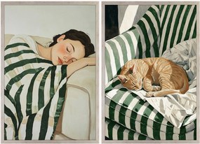 Sada zarámovaných digitálních tisků Woman And Cat, 2 díly