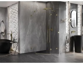 Mexen Lunar, pětiúhelníkový sprchový kout naklápěcí vpravo 80 x 80 cm, 8mm čiré sklo, zlatý profil, 831-080P-080L-50-00-P