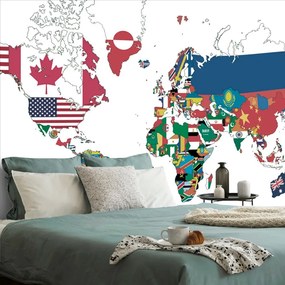 Tapeta mapa světa s vlajkami s bílým pozadím - 225x150 cm