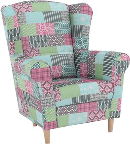 relaxační křeslo, ušák, dřevo/látka, nohy světlé/potah patchwork M1, Tempo Kondela CHARLOT