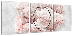 Obraz - Růžové květy na zdi (s hodinami) (90x30 cm)