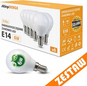 Sada 6 LED žárovek E14 7W G45 600lm 4500K - neutrální bílá