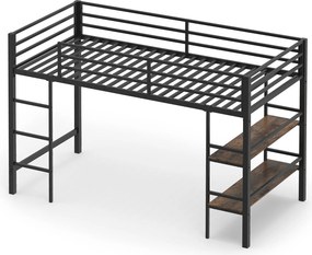 Costway Vyvýšená postel 90 × 200 cm s žebříkem a policemi, hnědá