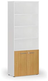 Kombinovaná kancelářská skříň PRIMO WHITE, dveře na 2 patra, 2128 x 800 x 420 mm, bílá/buk