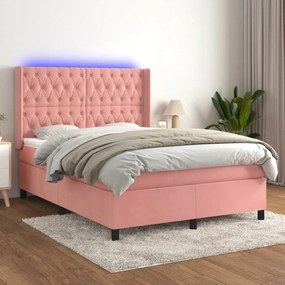 Box Spring Postel S Matrací A Led Samet Růžová Prošívaný design 140 x 200